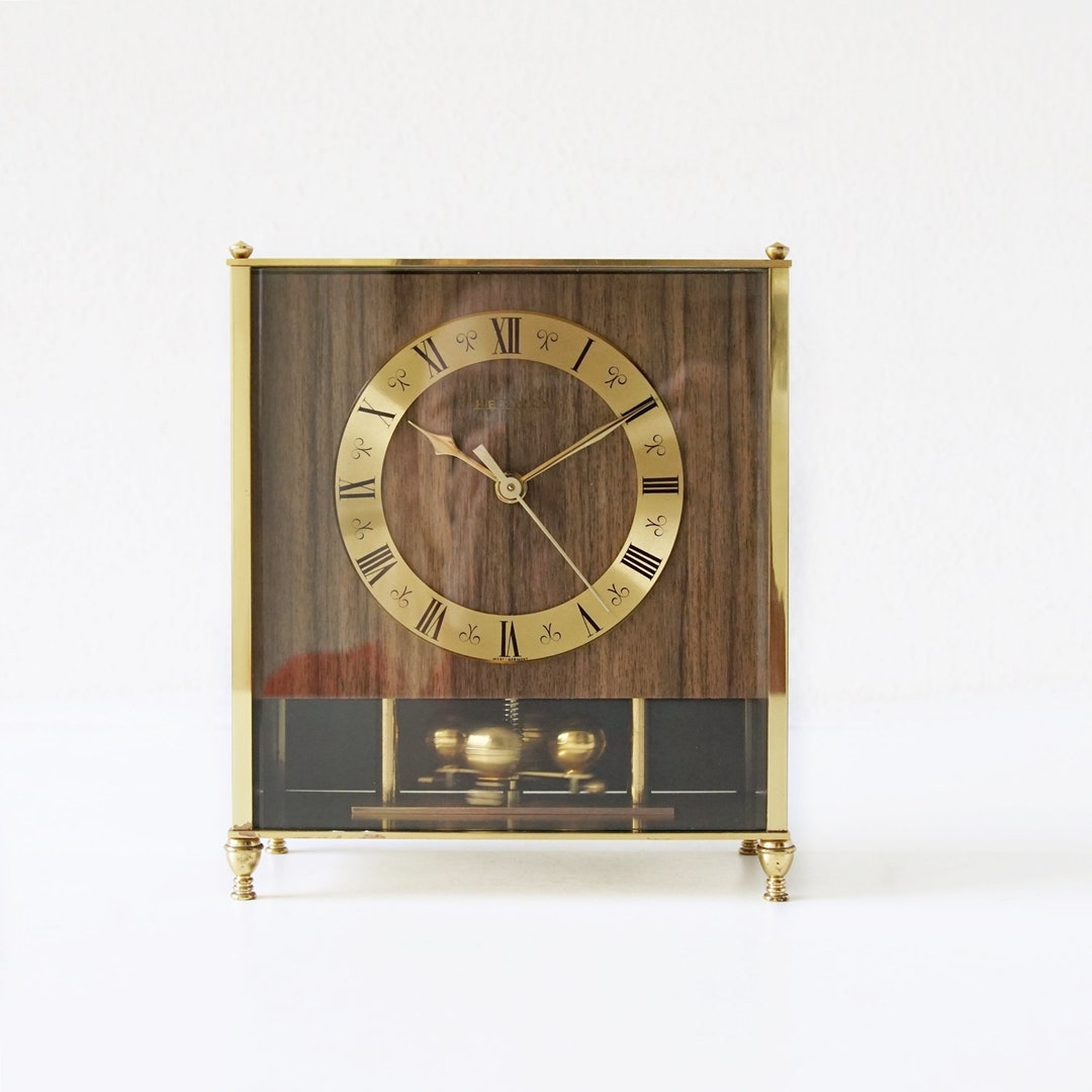 HETTICH, Mid Century Table Clock / Desk Clock, Brass and Wood Veneer ...