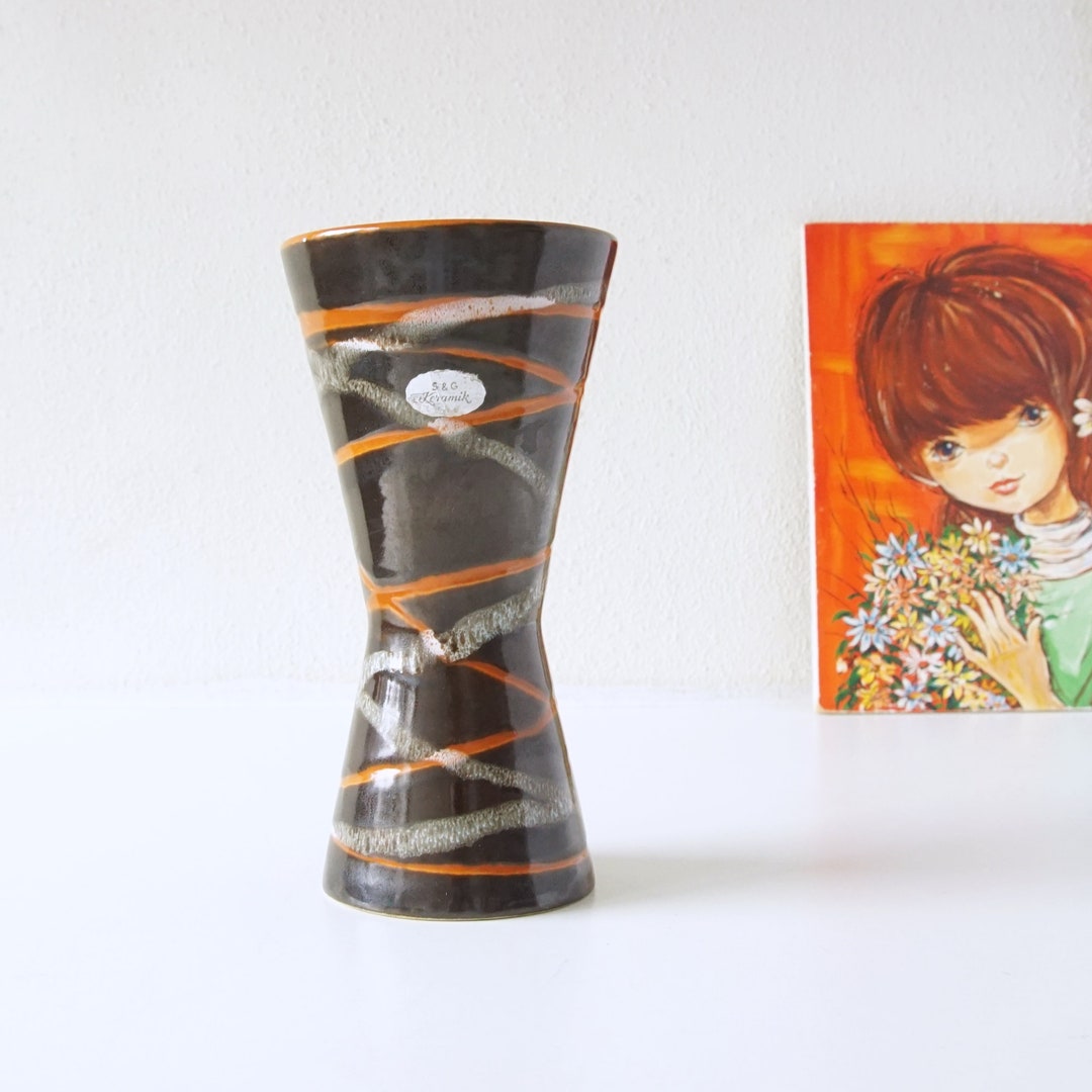 SCHEURICH & GREULICH, Brown Mid Century diabolo Vase, Abstract Orange ...
