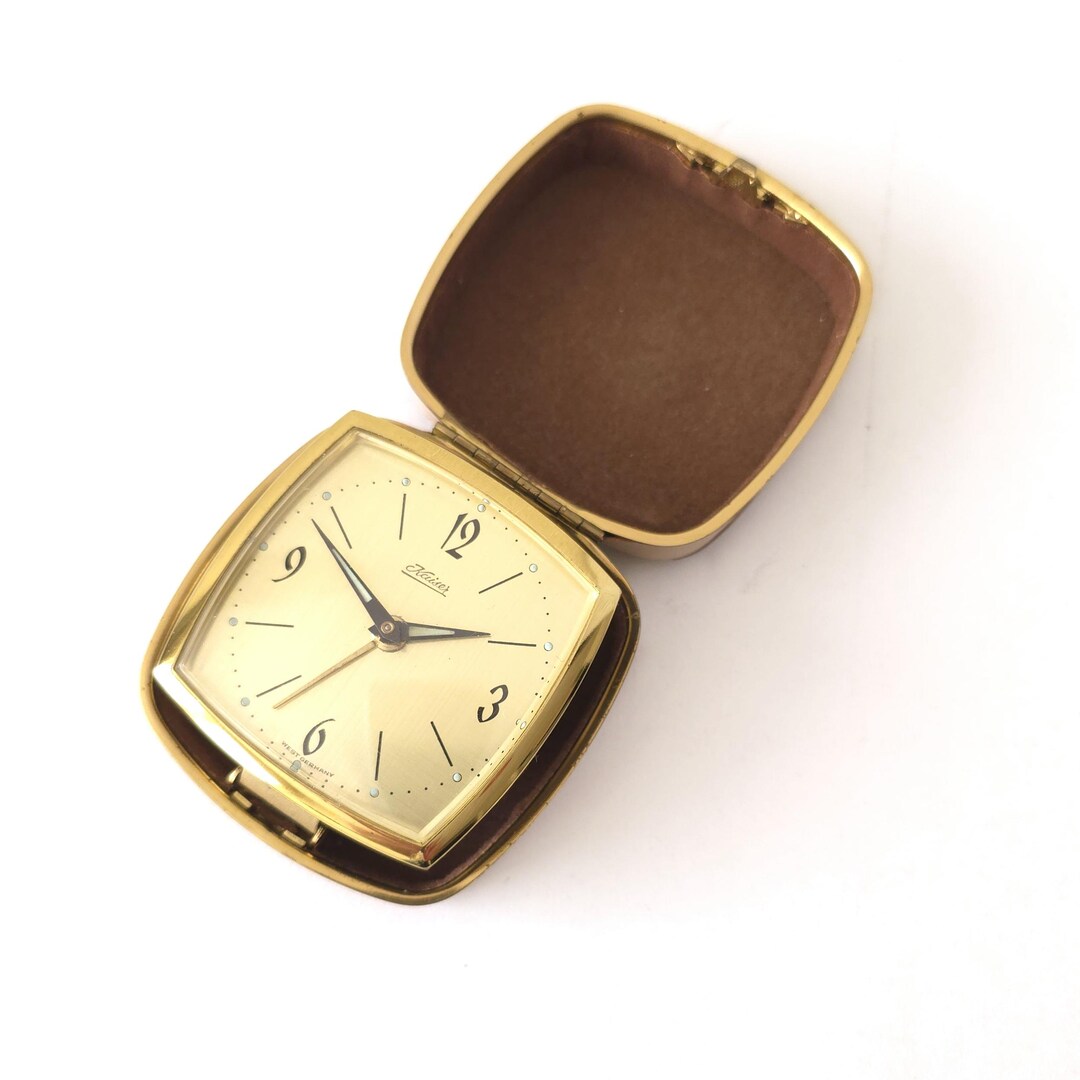 KAISER, Brass Mid Century Travel Alarm Clock, Brown Leather Case, Made ...