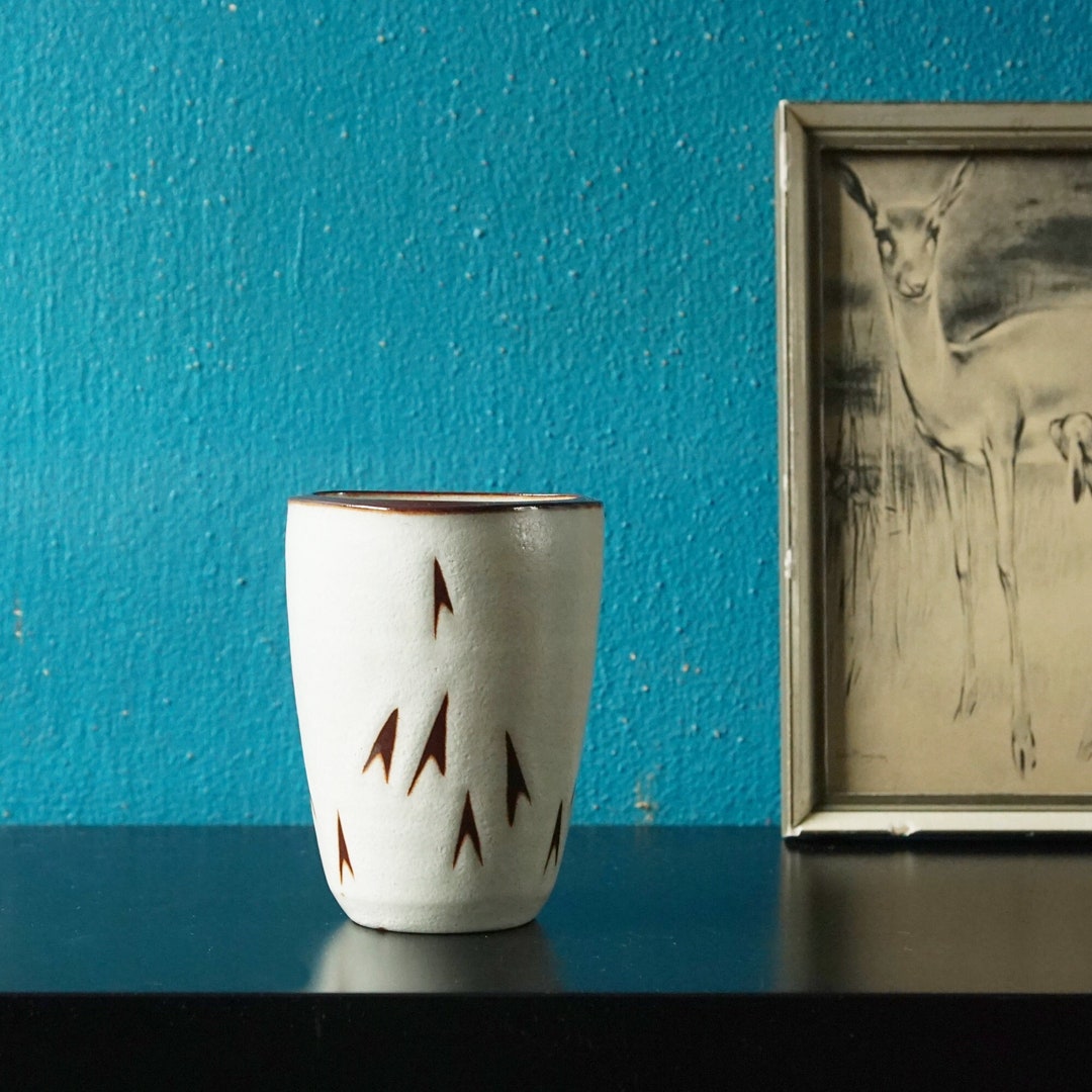 RAVELLI White and Brown Mid Century Vase, Abstract Decor, Dutch Pottery ...