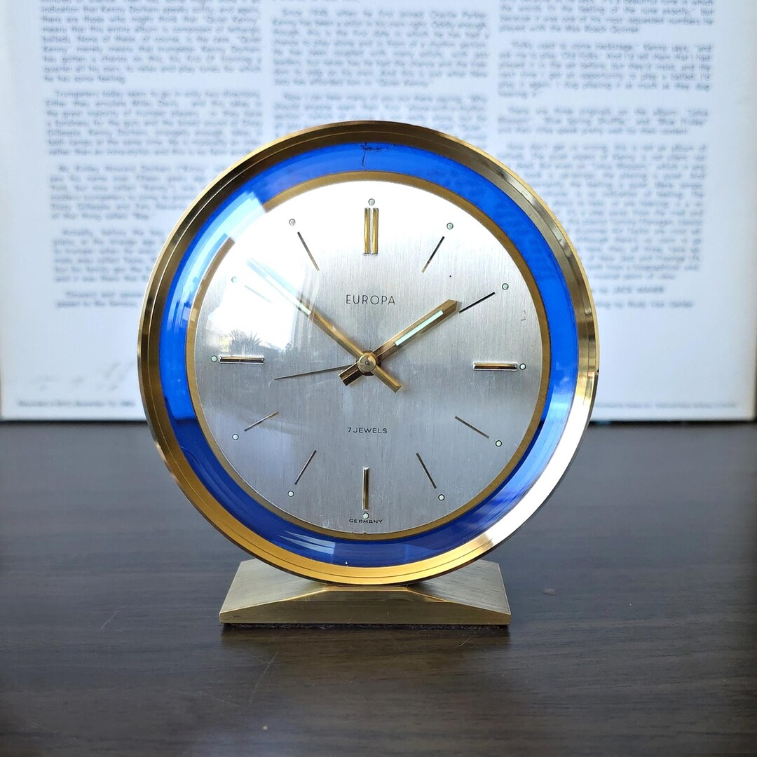 Brass Mid Century Alarm Clock / Table Clock Blue Transparant Rim, by ...