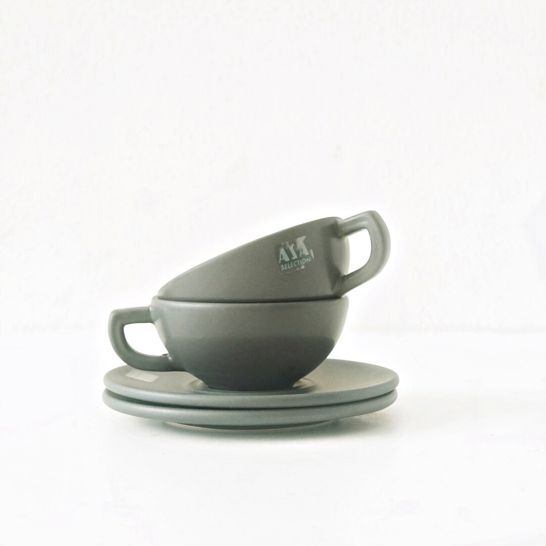 ASA Selection Pair of Gray Vintage Tea Cups With Saucers, Dutch Pottery ...