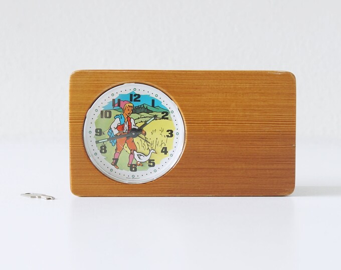 Mid Century Wooden Alarm Clock and Saving Bank, Boy With Moving Goose ...