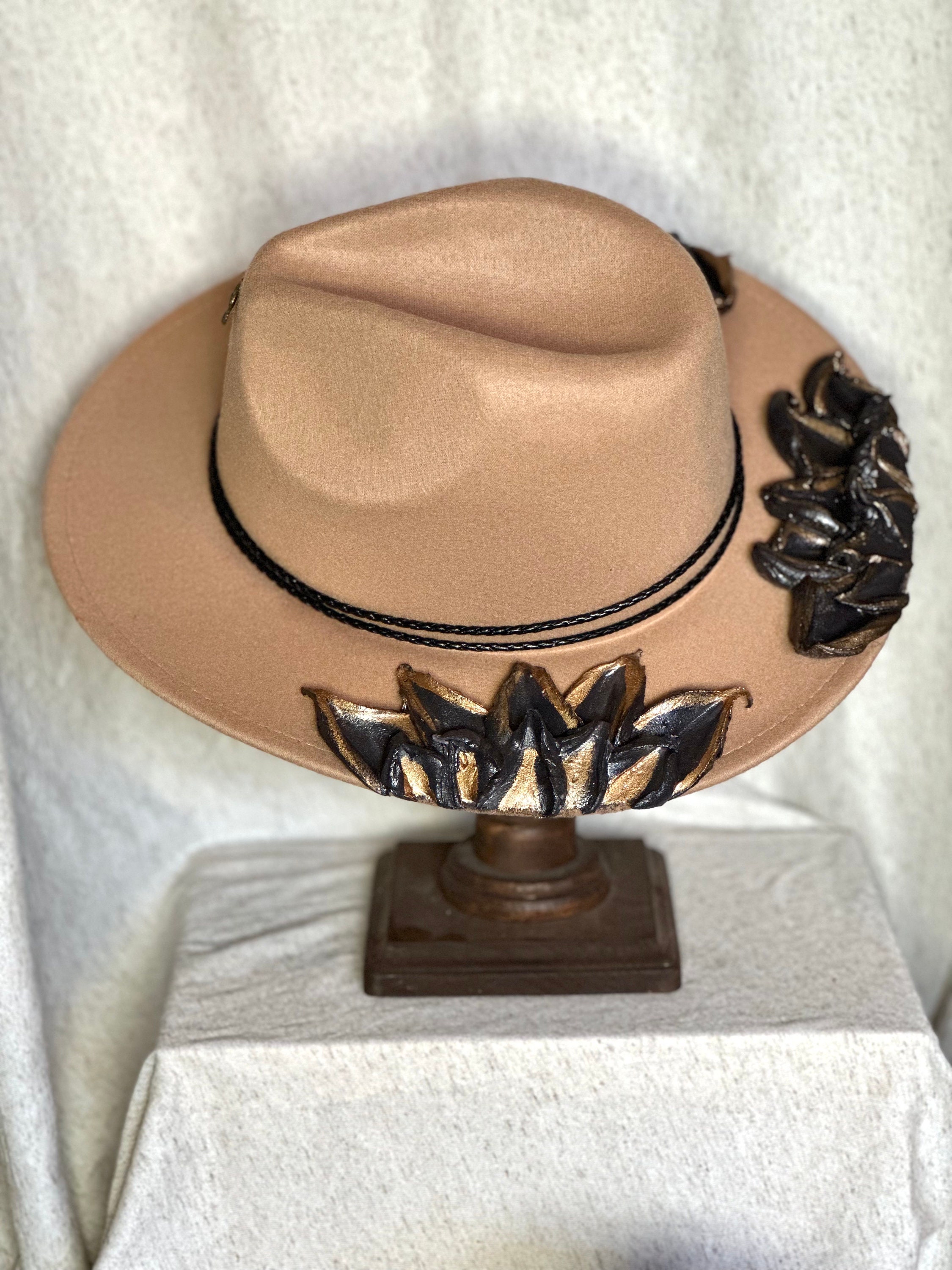 Floral Fedoras, Tan Fedora, Flower Hat, Dragon Fedora Hat, Hand Crafted ...