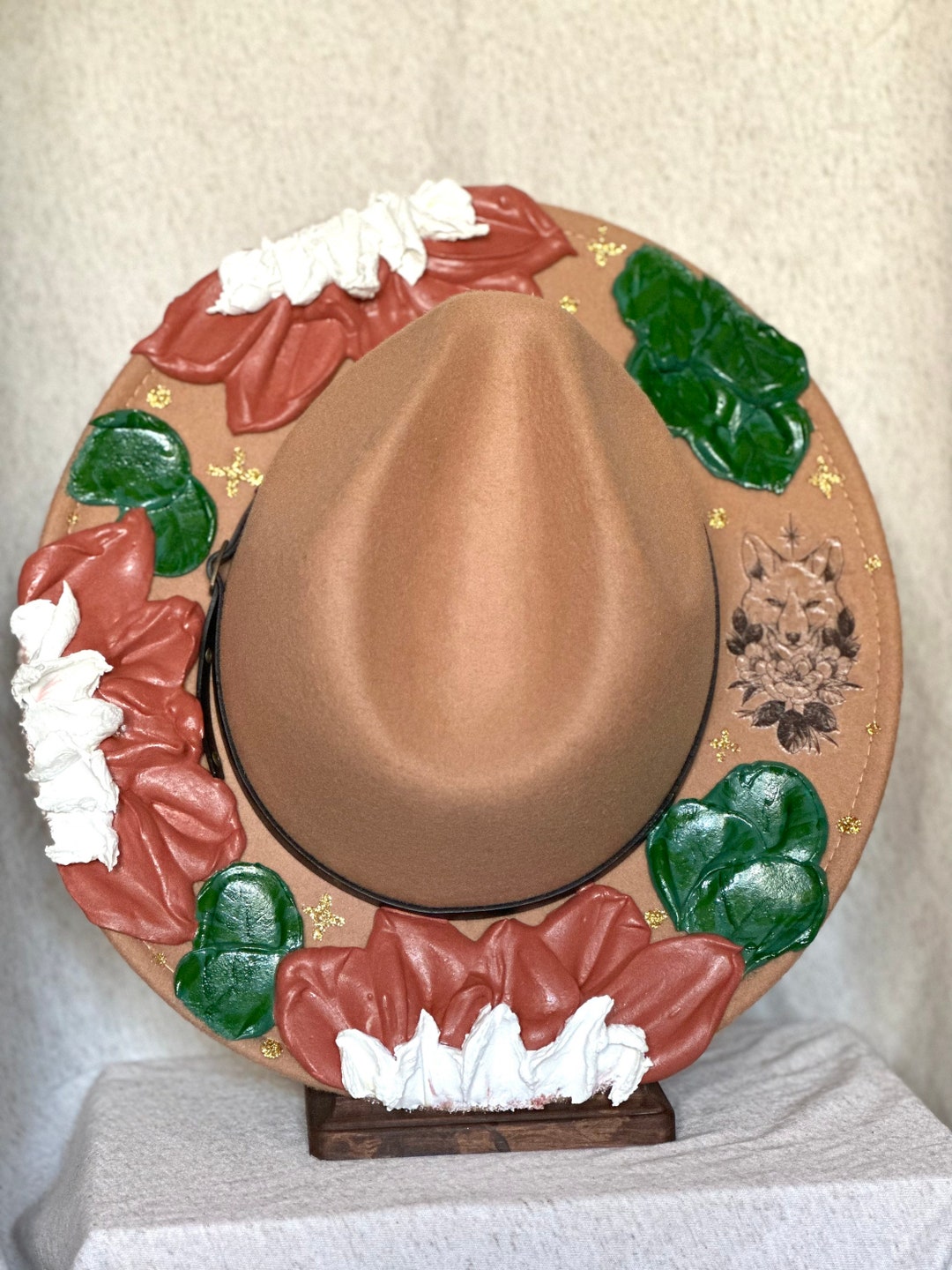 Floral Fedoras, Tan Fedora, Flower Hat, Fox Fedora Hat, Hand Crafted ...