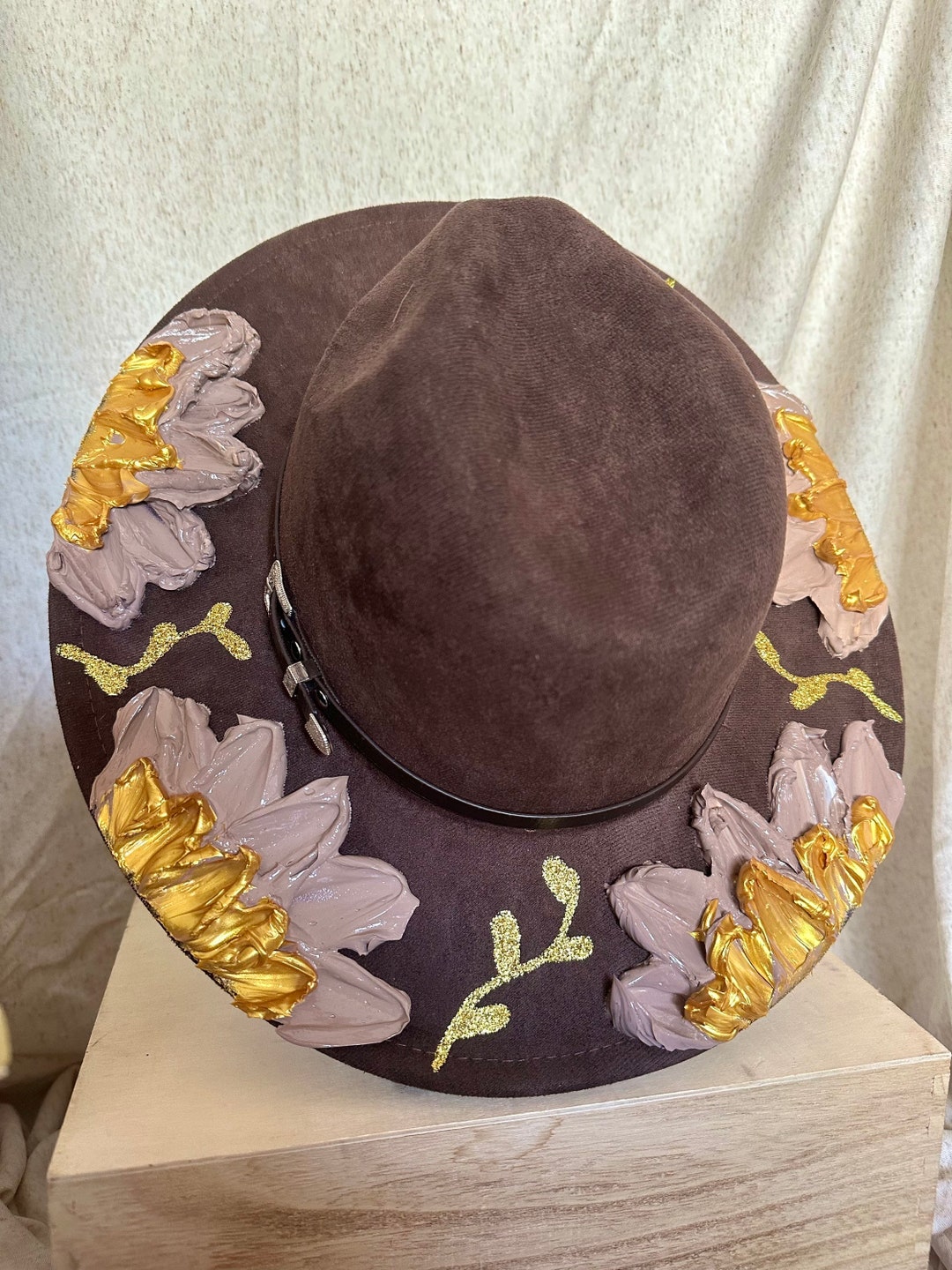 Floral Fedoras, Brown Suede Fedora, Flower Hat, Hand Crafted, Hand ...