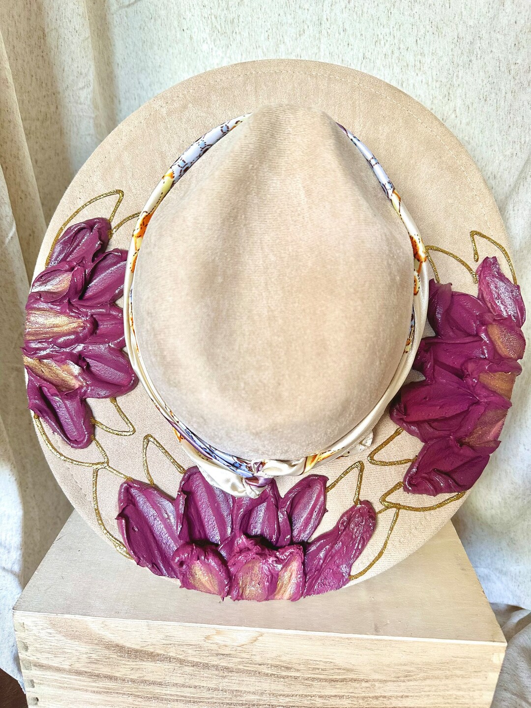 Floral Fedoras, Tan Suede Fedora, Flower Hat, Hand Crafted, Hand ...