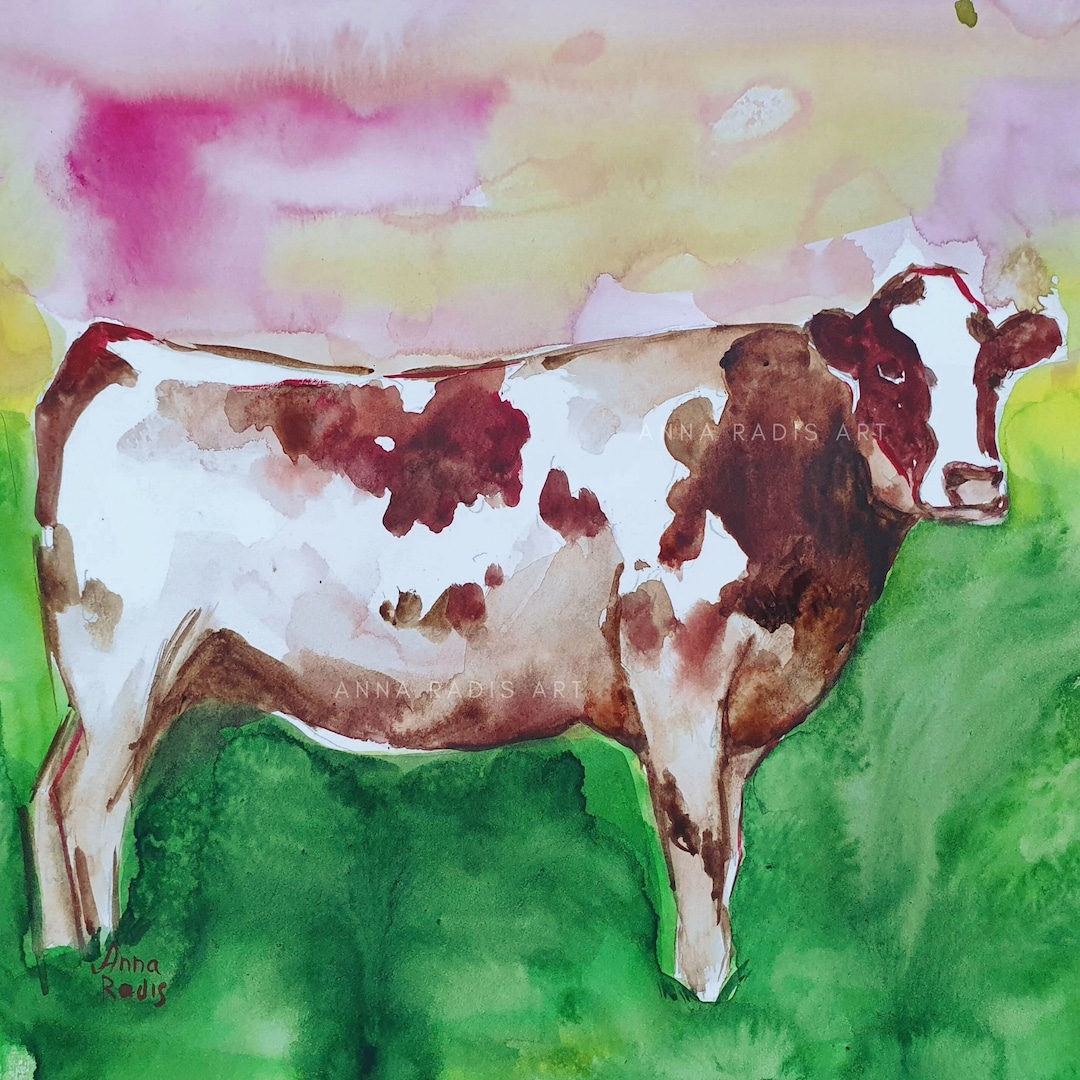Original Watercolor Cow Painting, Abstract Colorful Cow, Aquarelle ...