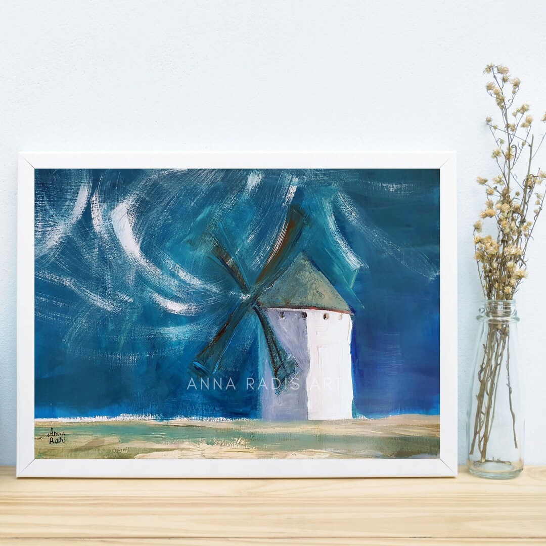 Old Windmill Original Acrylic Painting, Minimalist Landscape Original ...