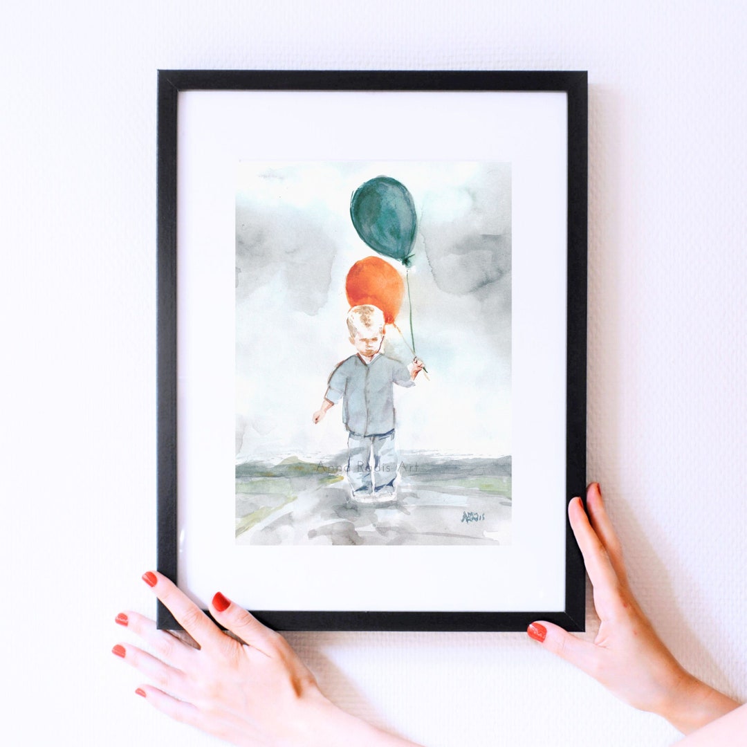 Little Boy Watercolor Print: Vintage Child Walking in Rain - Etsy