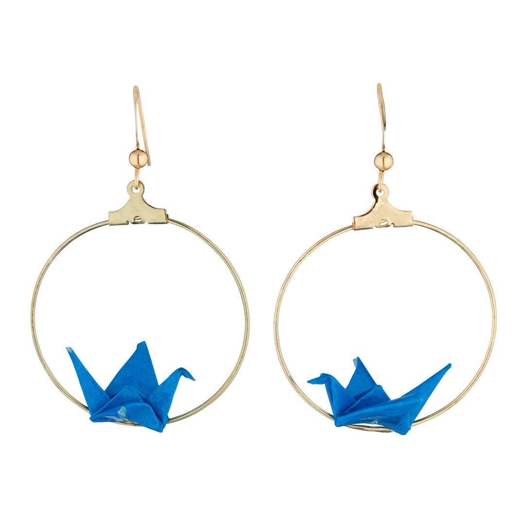 Origami Crane Earrings Made From Japanese Paper. Golden Hoop Earrings ...
