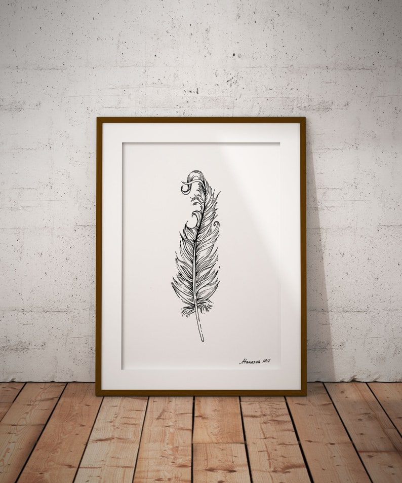 Feather Print Black and White Feather Ink Illustration Wall - Etsy