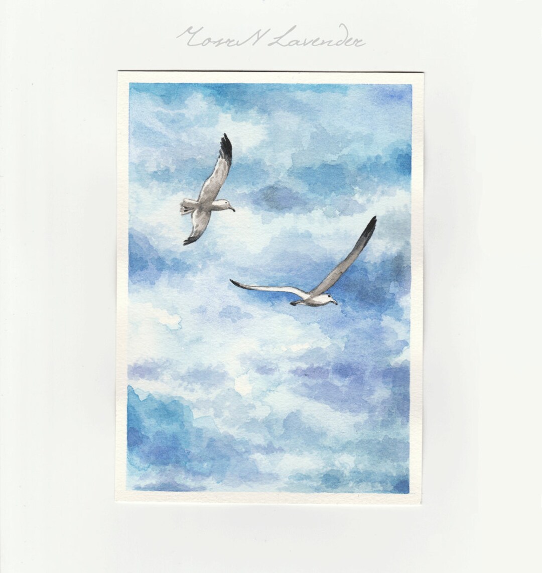 Seagulls Watercolor, Seagulls Painting, Clouds Watercolor, Original ...