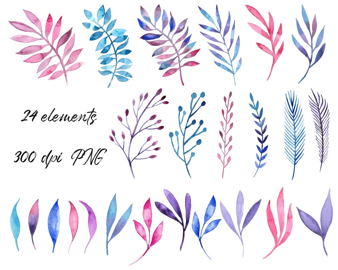 Watercolor Leaves Clipart, Colorful Leaf, Blue Leaves, Purple, Pink ...