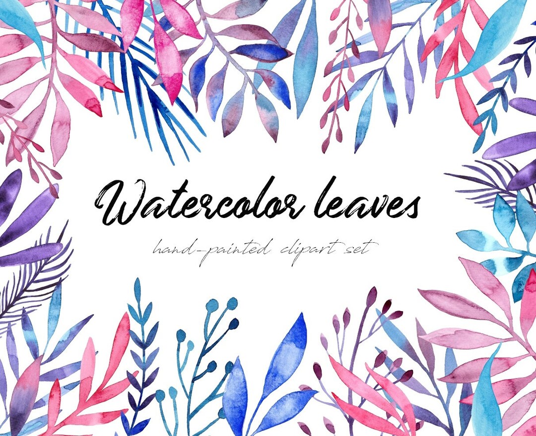 Watercolor Leaves Clipart, Colorful Leaf, Blue Leaves, Purple, Pink ...