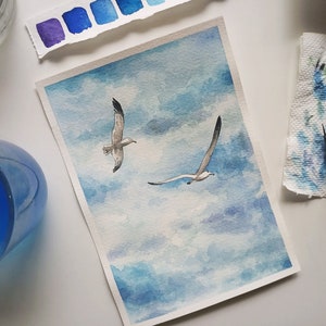 Seagulls Watercolor, Seagulls Painting, Clouds Watercolor, Original ...
