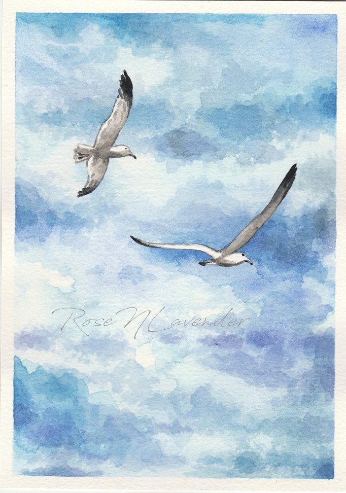 Seagulls Watercolor, Seagulls Painting, Clouds Watercolor, Original ...