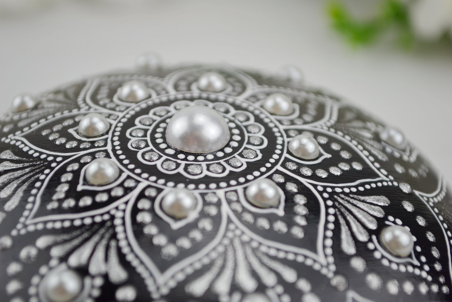 White black mandala painted stone Painted large pebble | Etsy