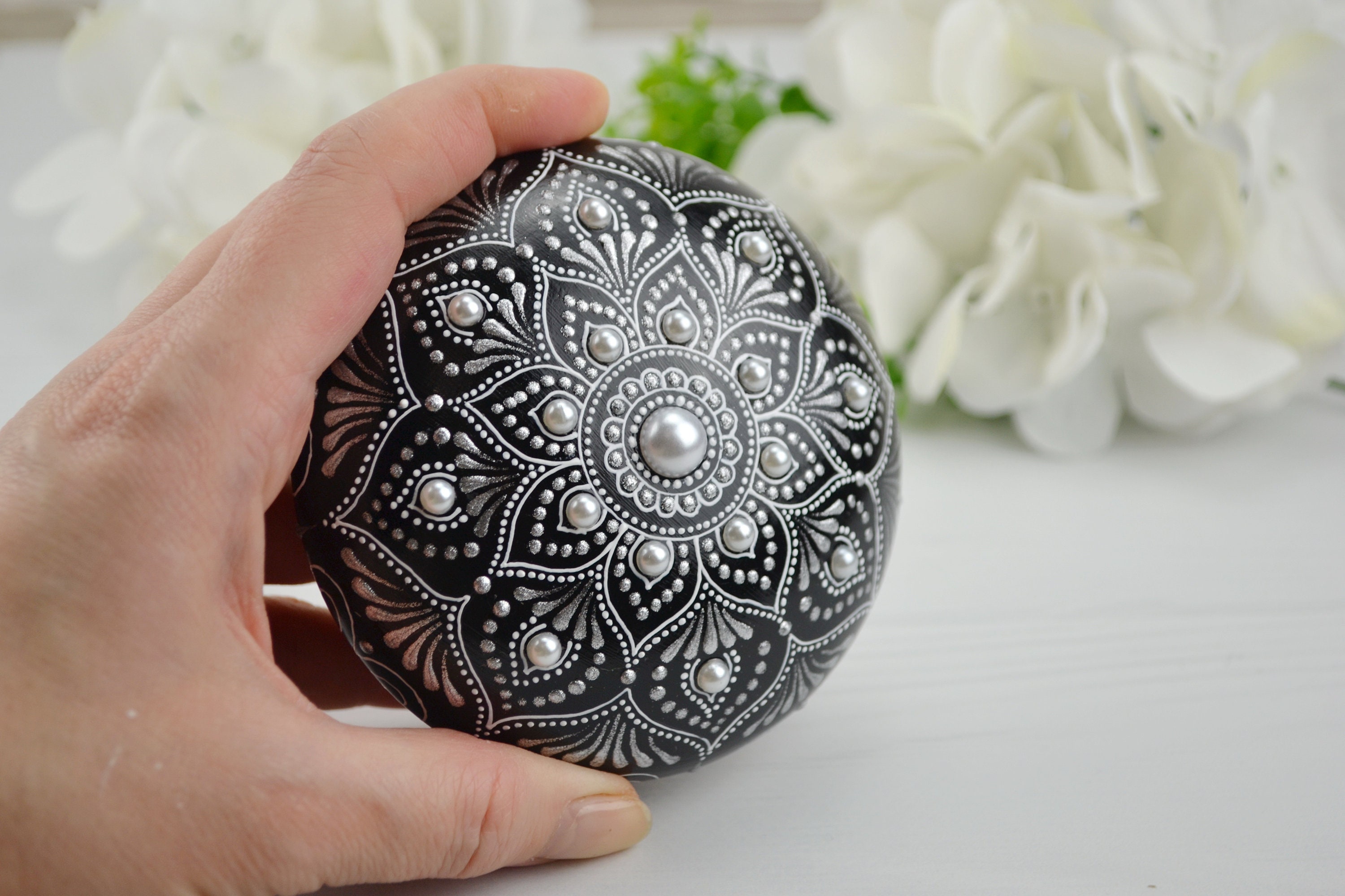 White black mandala painted stone Painted large pebble | Etsy