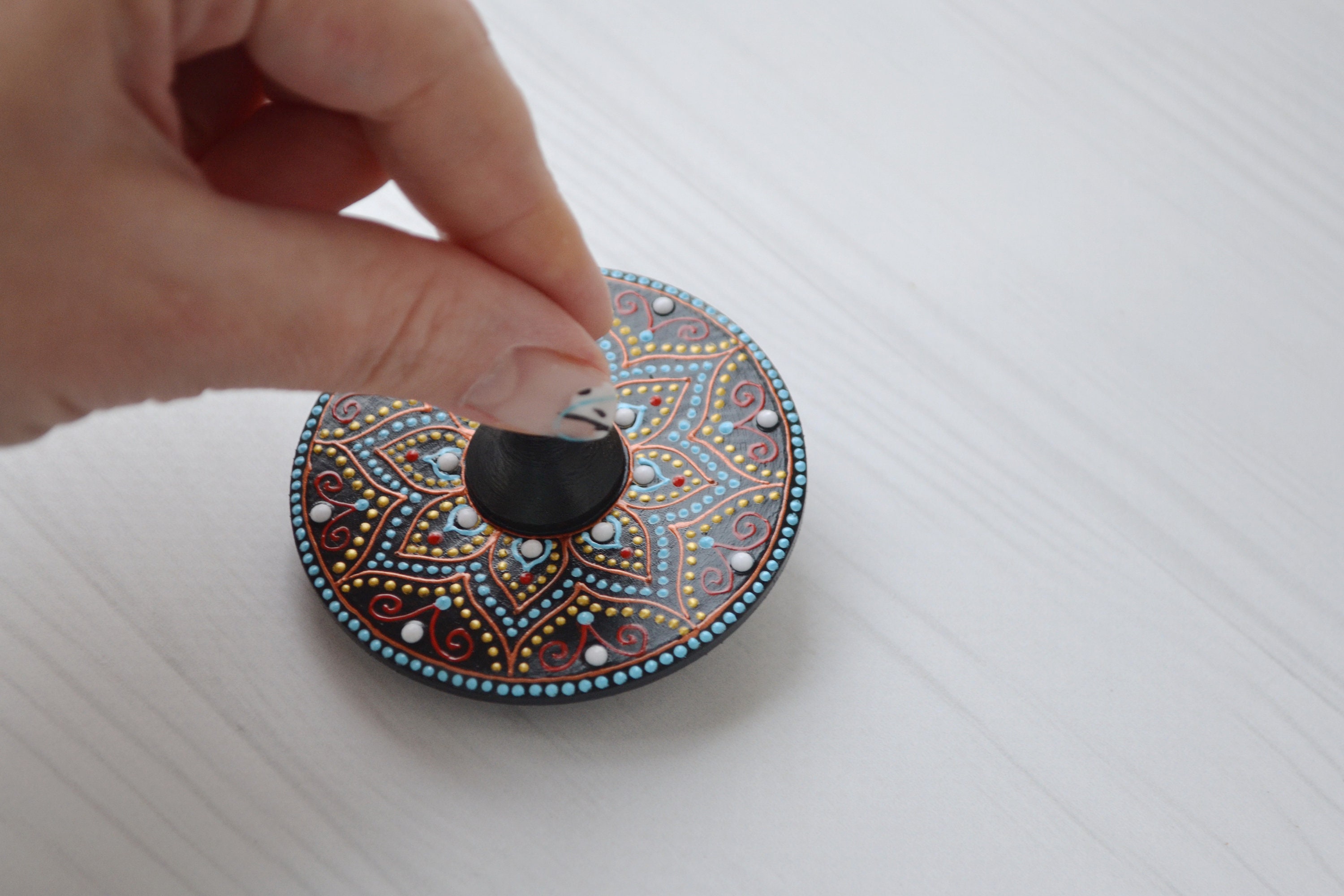 Wooden spinning top for women with meditation hand painted | Etsy