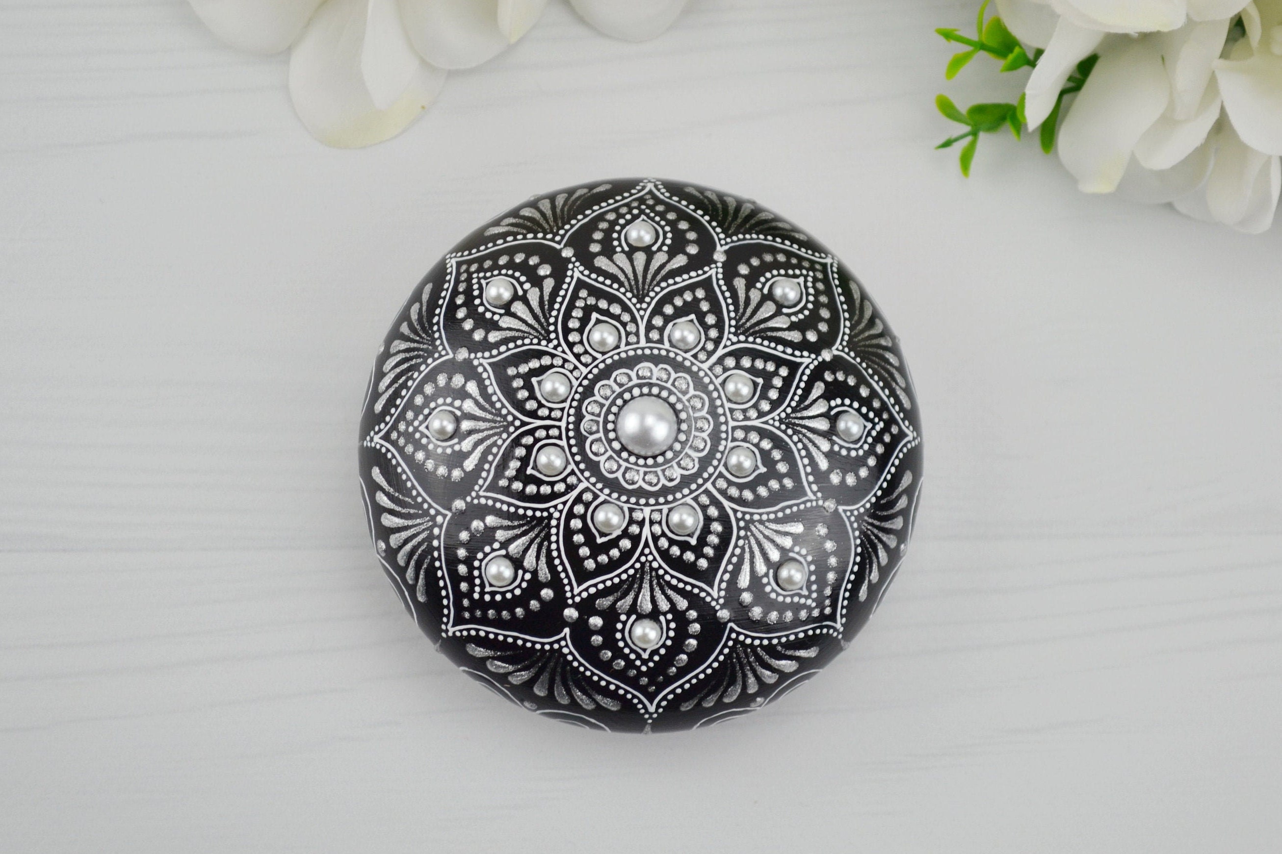 White black mandala painted stone Painted large pebble | Etsy
