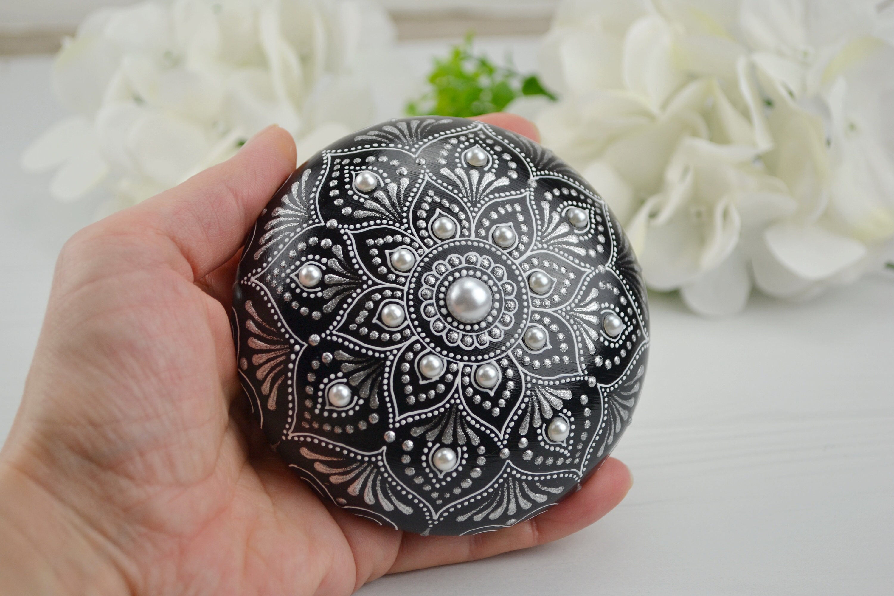 White black mandala painted stone Painted large pebble | Etsy