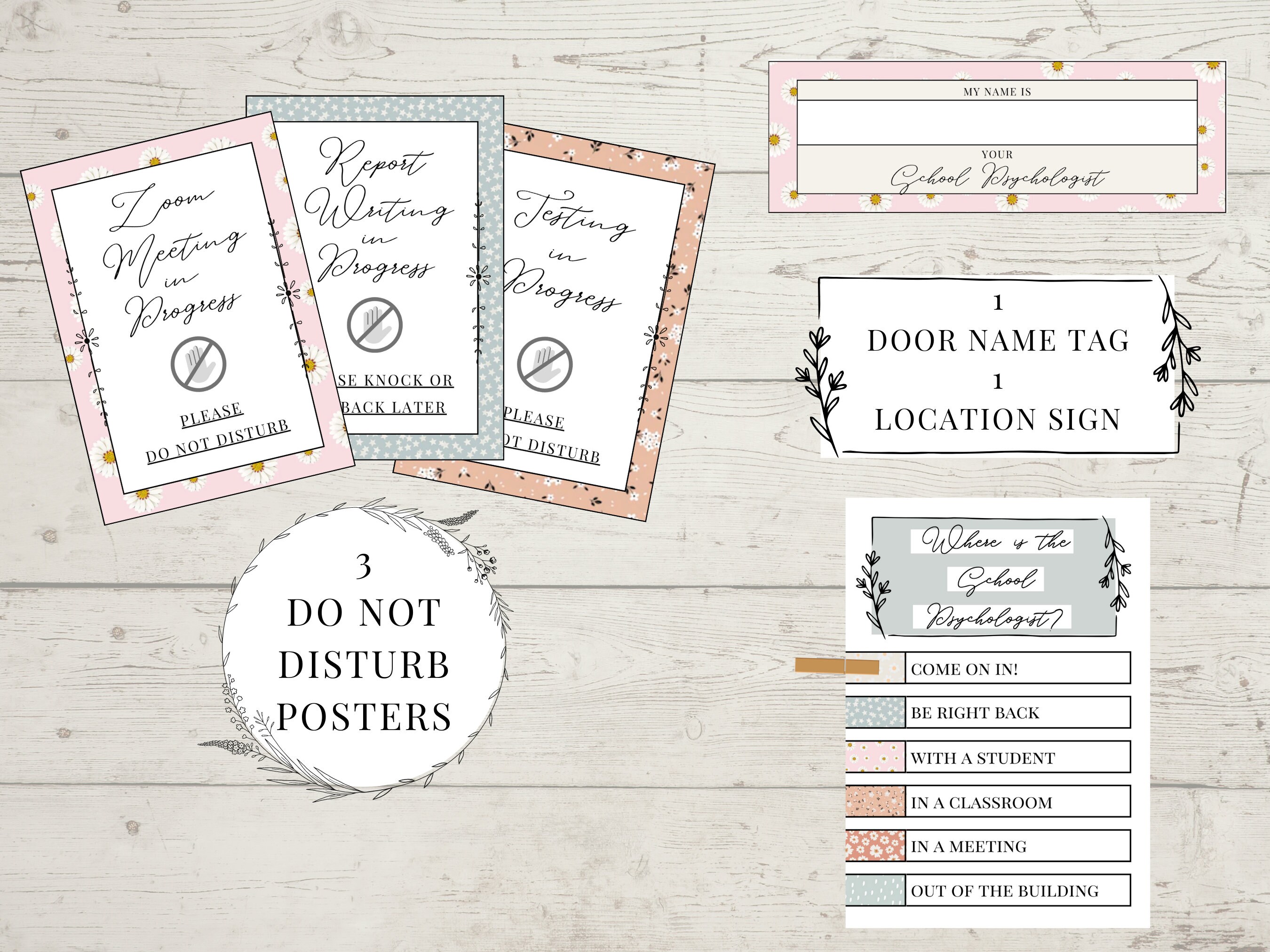 Cute Flower Boho Elementary School Psychologist Posters Door Signs Do ...