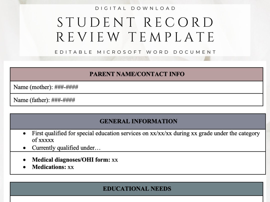 Student Record Review Editable Template | Microsoft Word | Special ...