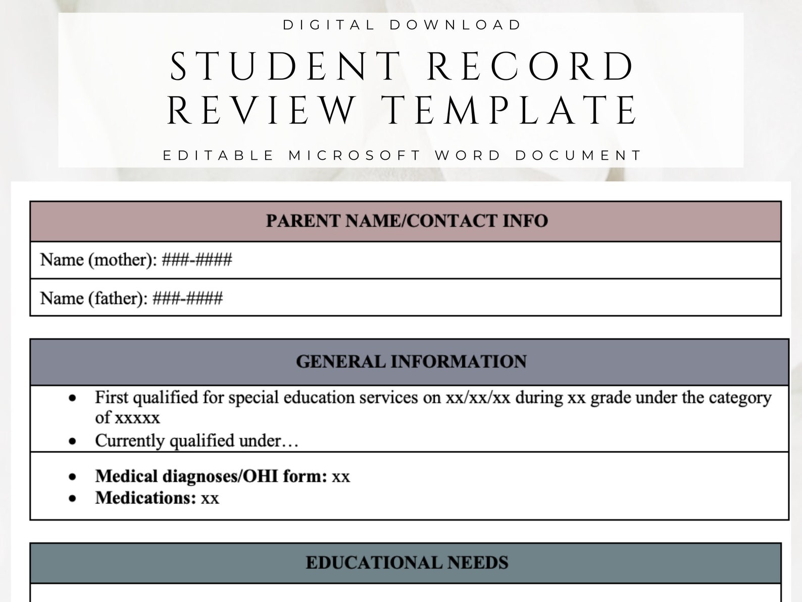 Student Record Review Template | Editable Microsoft Word (digital ...