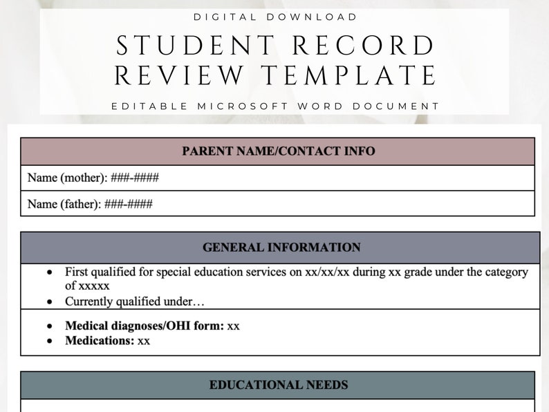Student Record Review Editable Template | Microsoft Word | Special ...