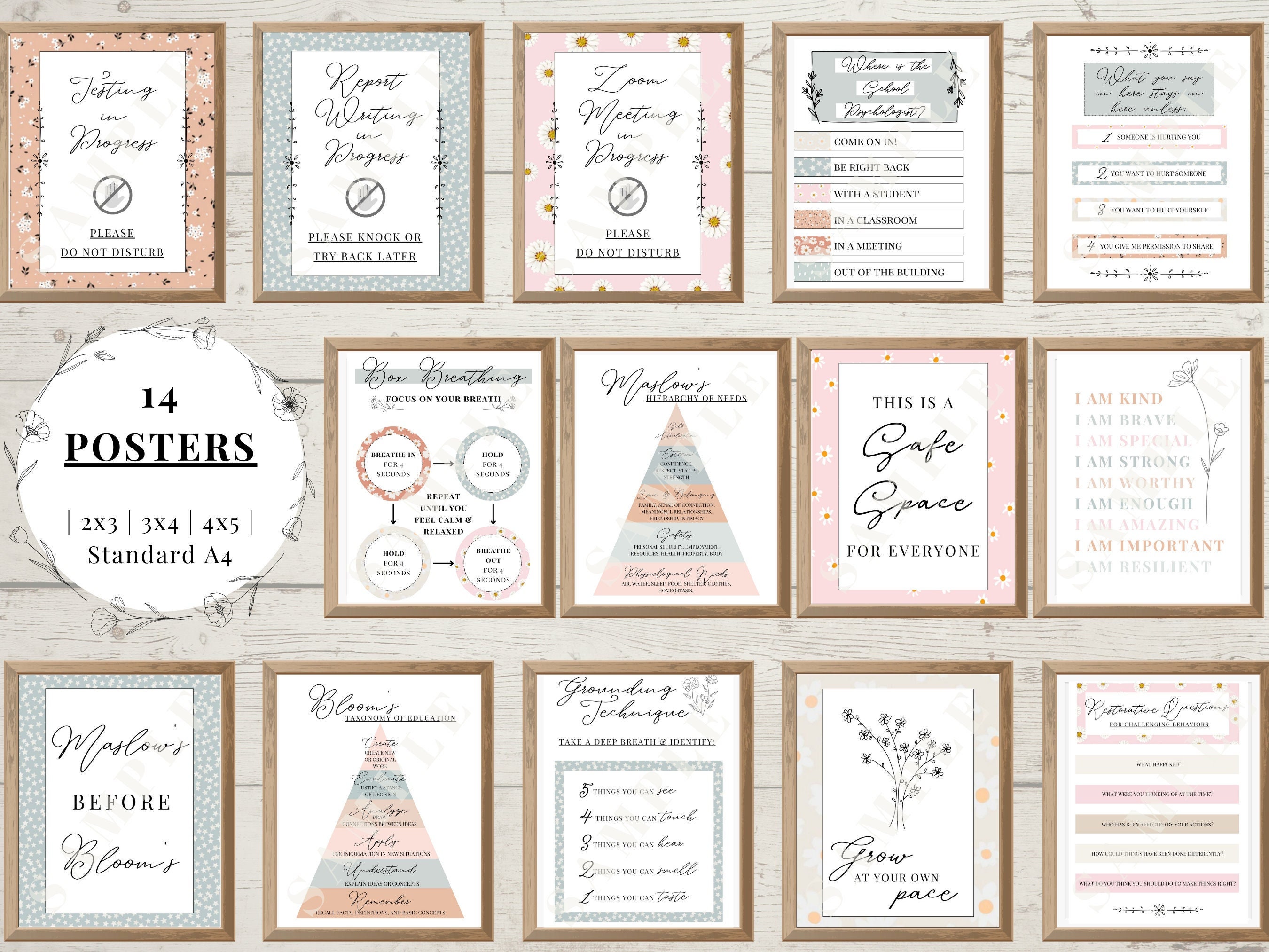 Cute Flower Boho Elementary School Psychologist Posters Door Signs Do ...