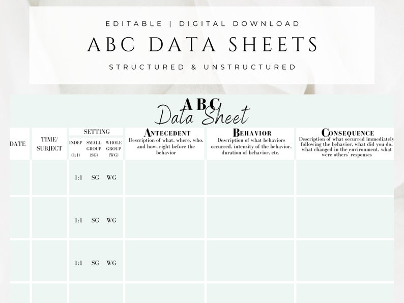 Editable ABC Data Collection Sheets | Unstructured & Structured | FBA ...