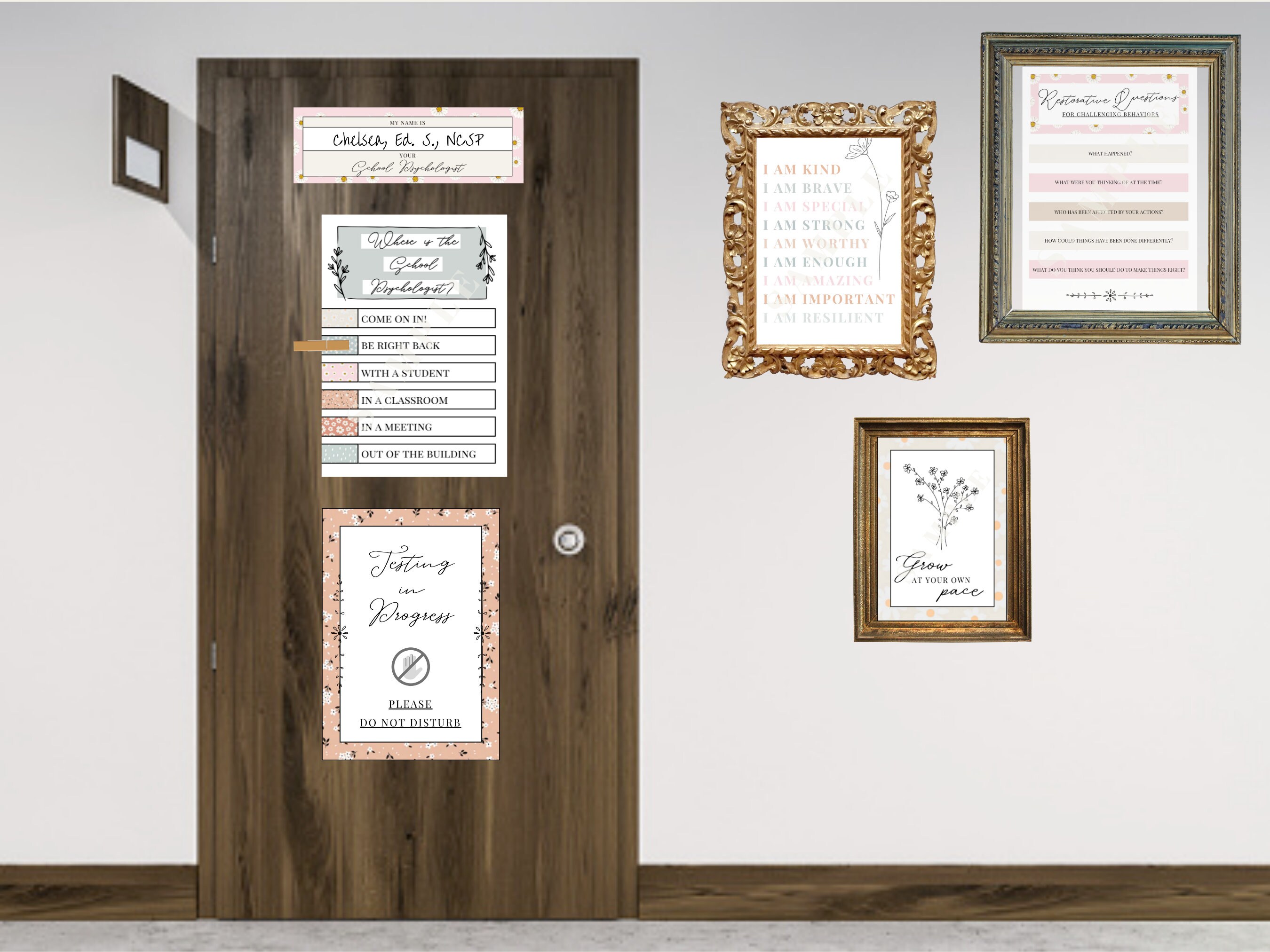 Cute Flower Boho Elementary School Psychologist Posters Door Signs Do ...