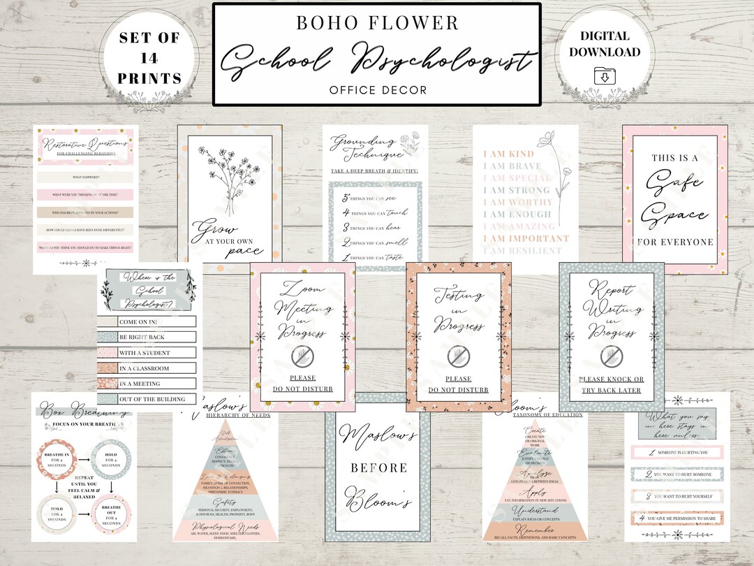 Cute Flower Boho Elementary School Psychologist Posters Door Signs Do ...