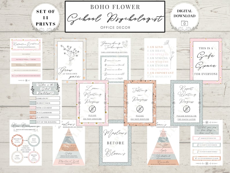 Cute Flower Boho Elementary School Psychologist Posters Door Signs Do ...