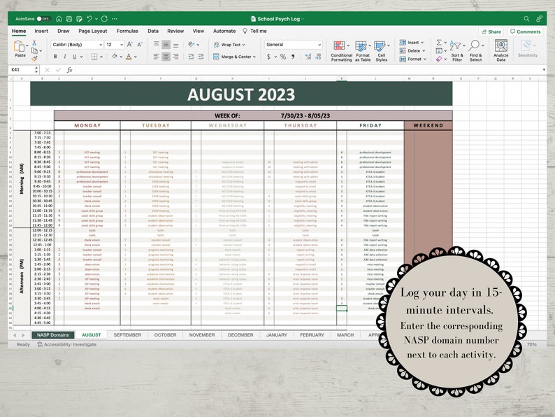 School Psychologist Hourly Log | NASP Domains | Excel Spreadsheet ...