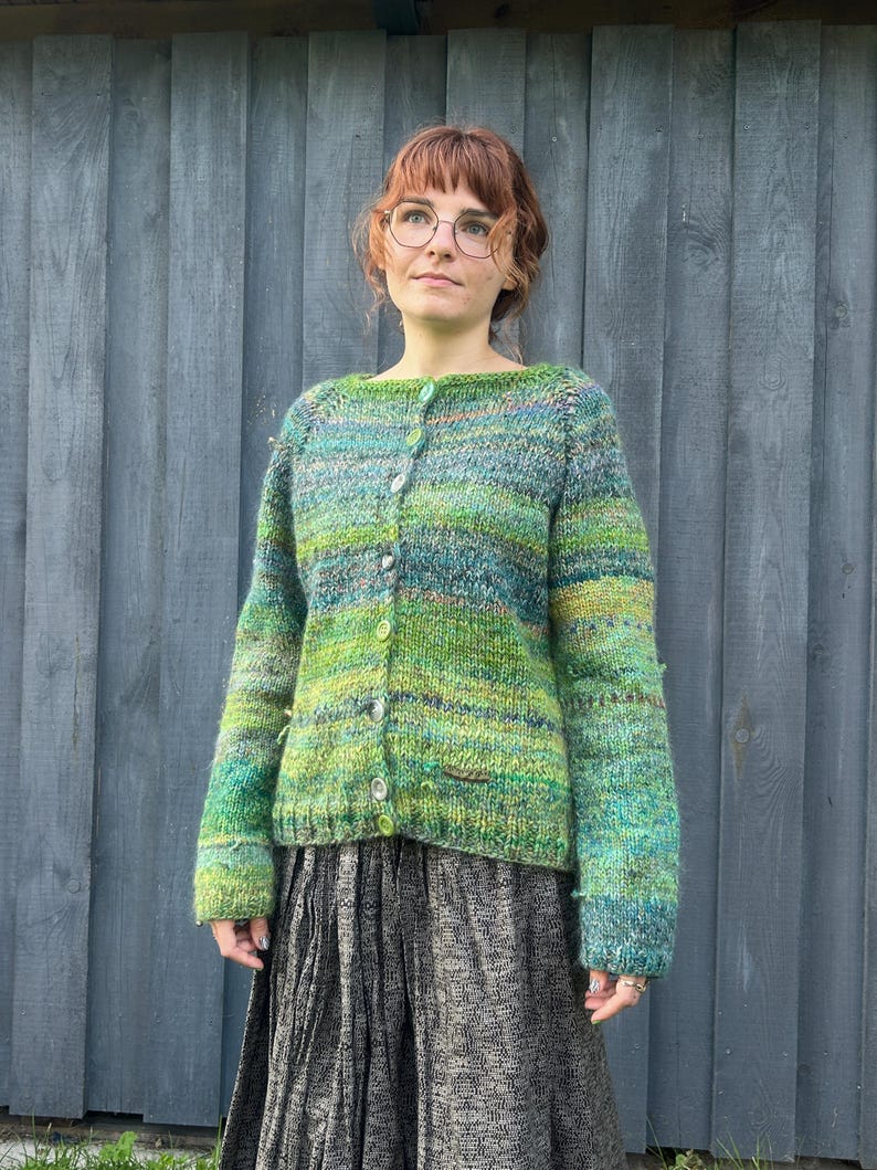 Hand-knitted Green Cardigan With Colourful Buttons in Different Shades ...