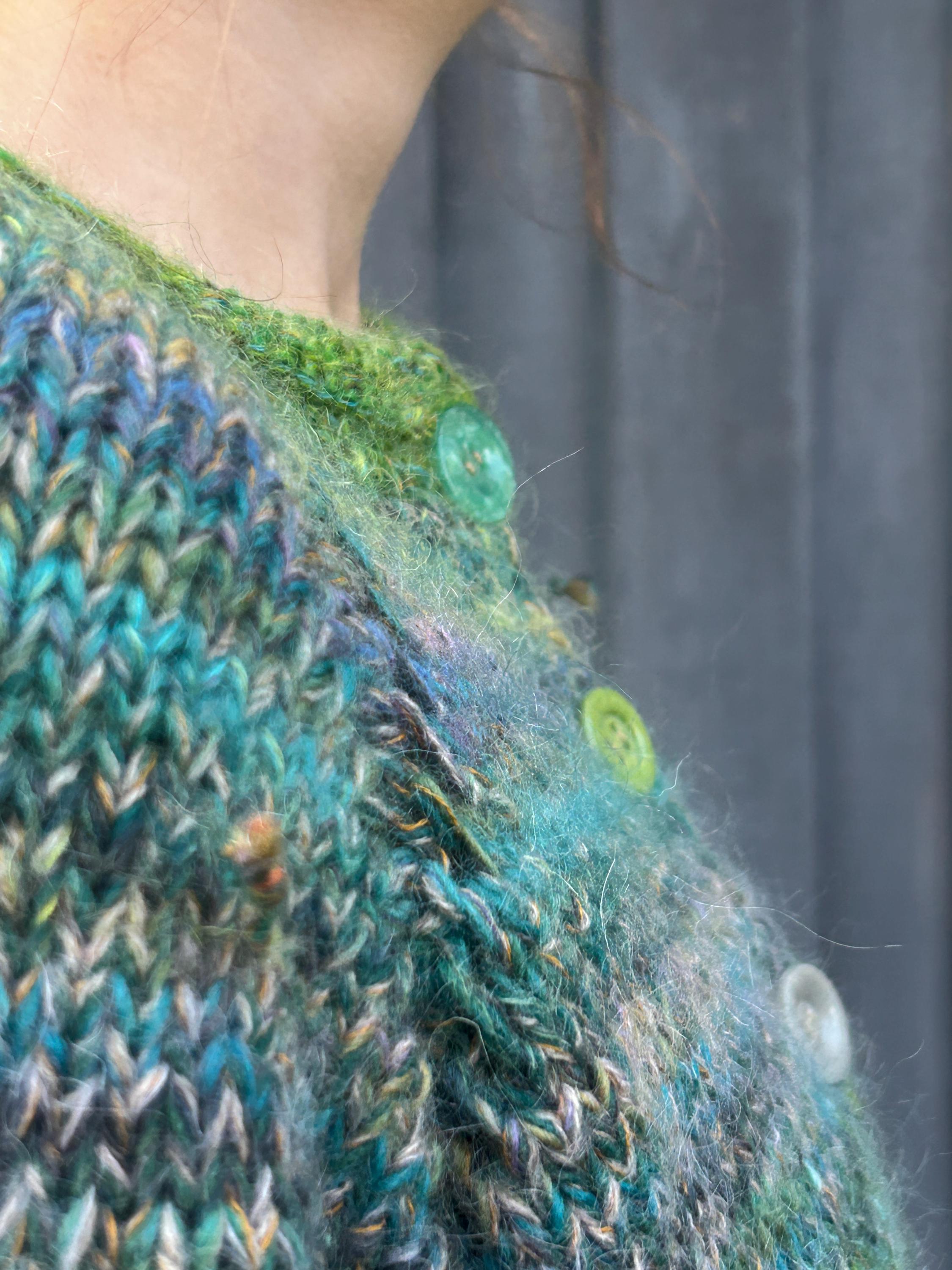 Hand-knitted Green Cardigan With Colourful Buttons in Different Shades ...