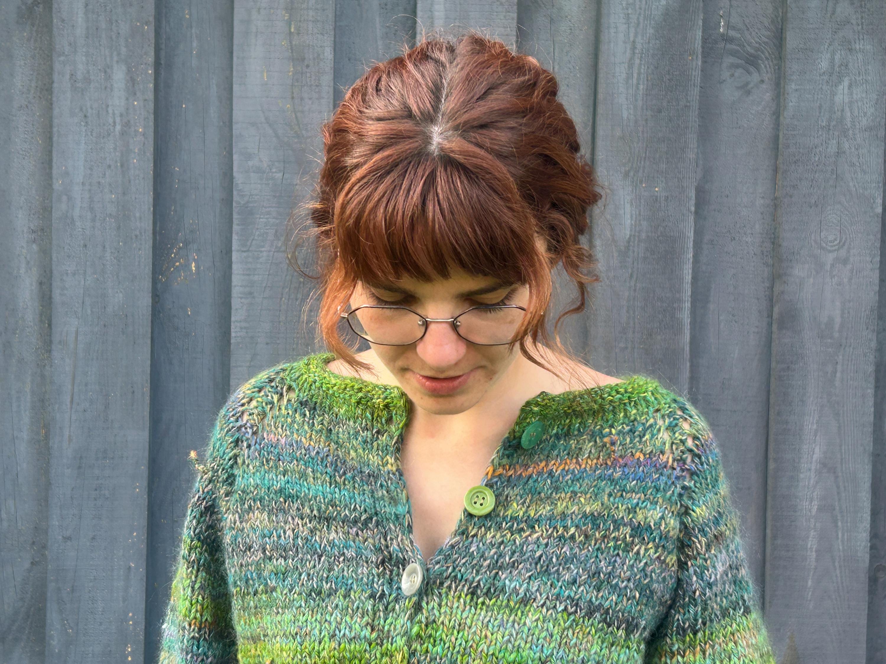 Hand-knitted Green Cardigan With Colourful Buttons in Different Shades ...