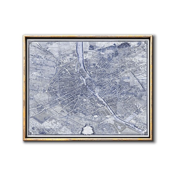 Large Blue Paris Map Large Printable Art Navy Antique French | Etsy