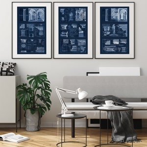 Blue Architectural Drawings 3 Piece Printable Art Set, Classical ...