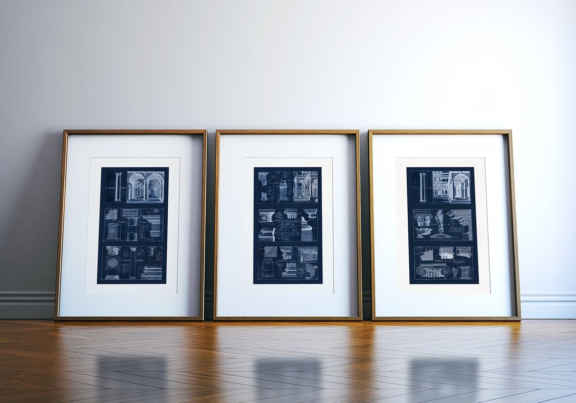 Blue Architectural Drawings 3 Piece Printable Art Set, Classical ...