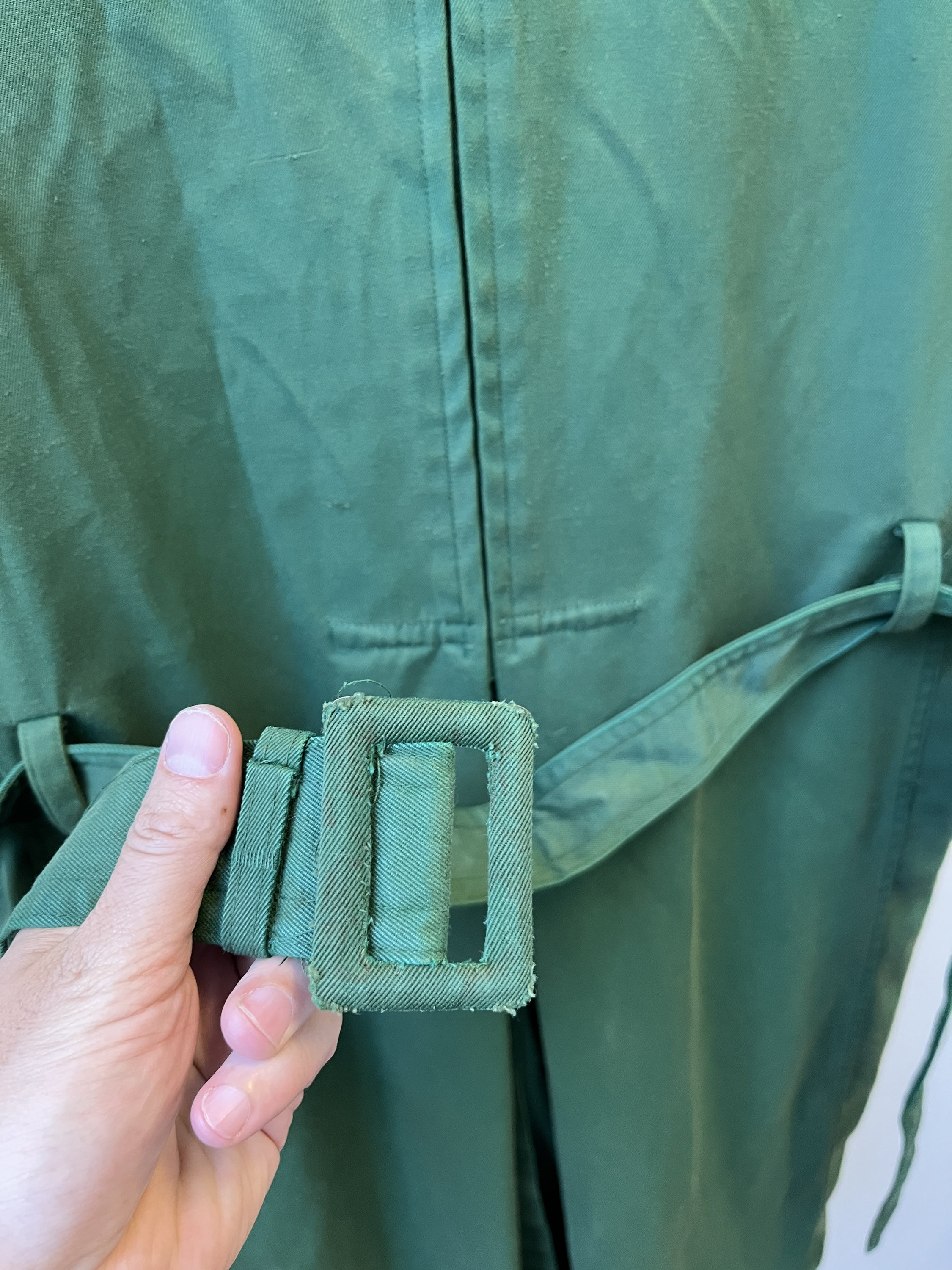 1970s Double Breasted Spanish Trenchcoat in Overdyed Green Cotton ...
