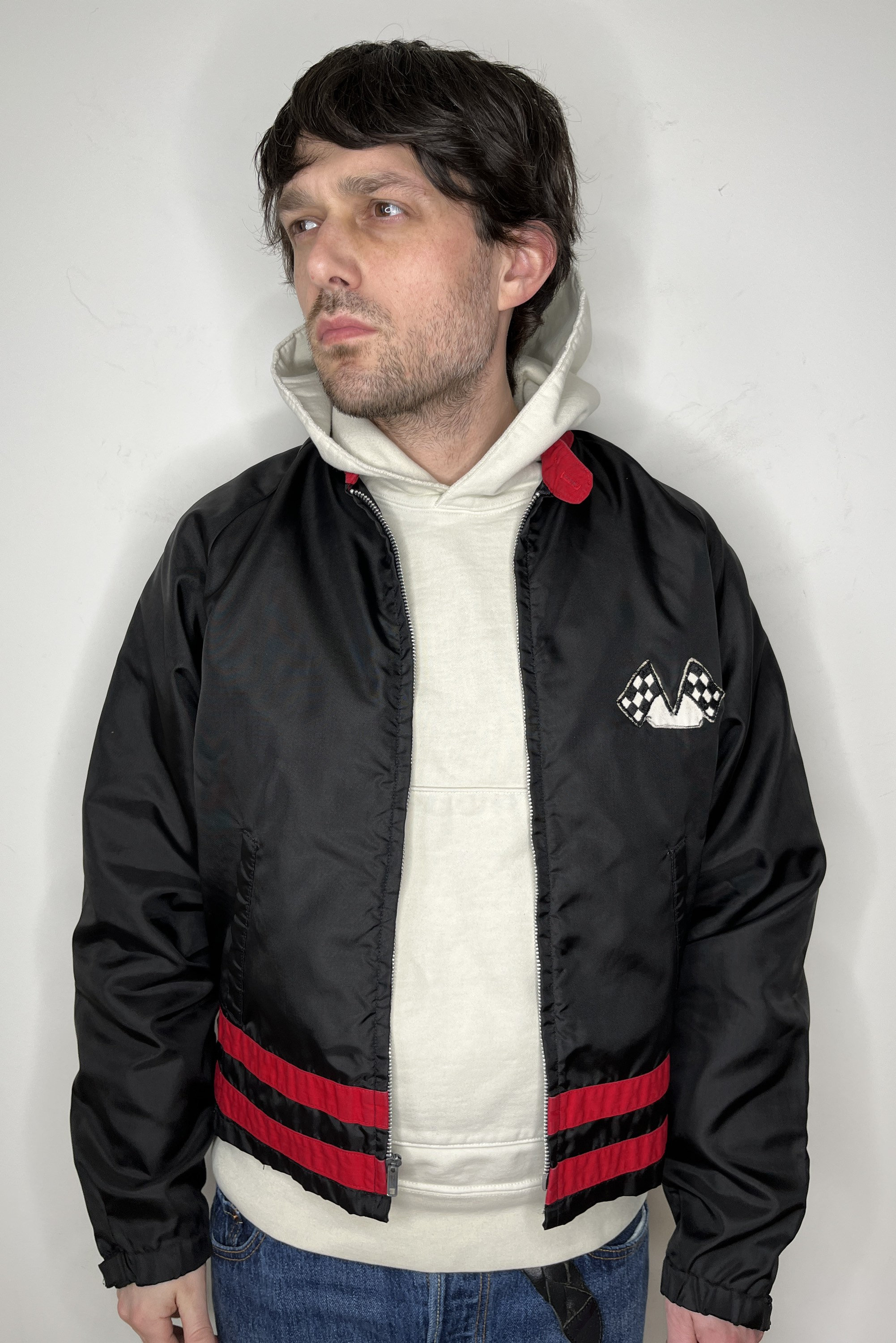 1960s Nylon Racing Jacket. Applique Stripes and Flag Embroideries ...