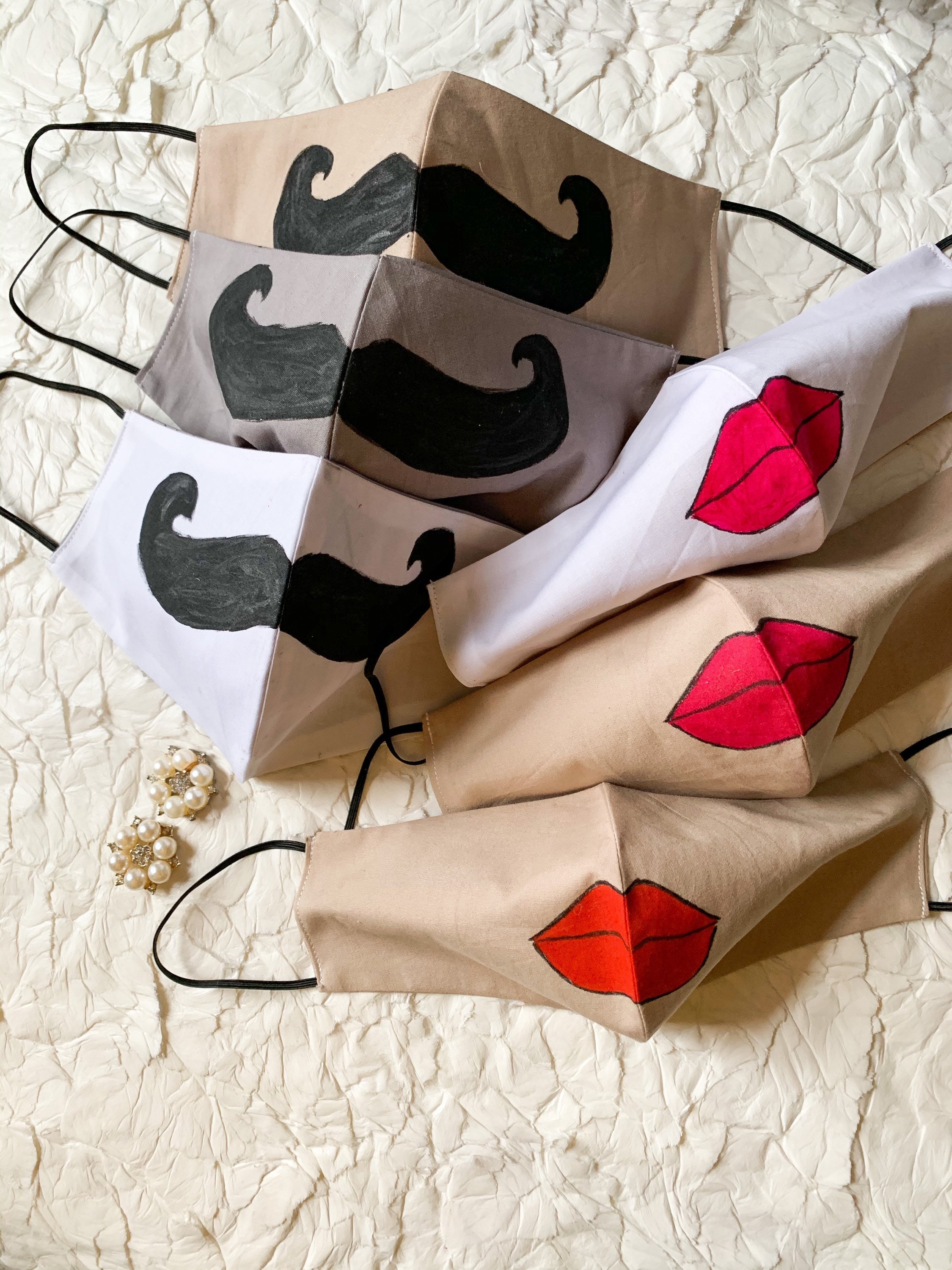 Red Lips, Moustache Face Masks Adjustable Ear Loops, FULL COVERAGE MASK ...