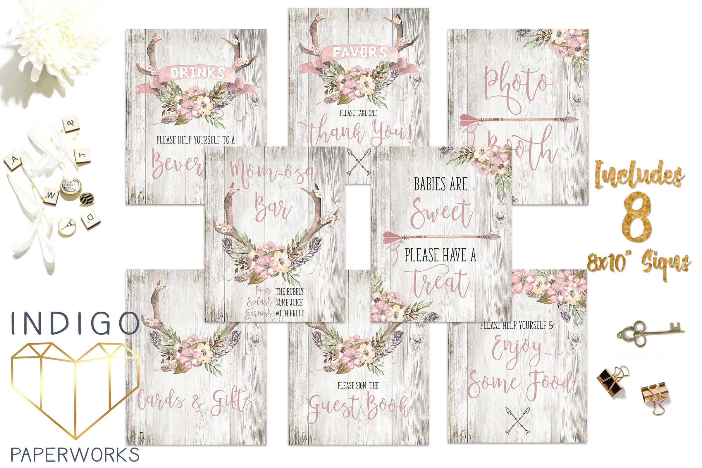Rustic Girls Baby Shower Signs Set Printable Boho Oh Deer - Etsy