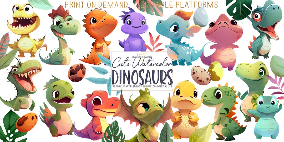 Cute Watercolor Dinosaurs & Dinosaur Eggs Clip Art Elements- 38 ...