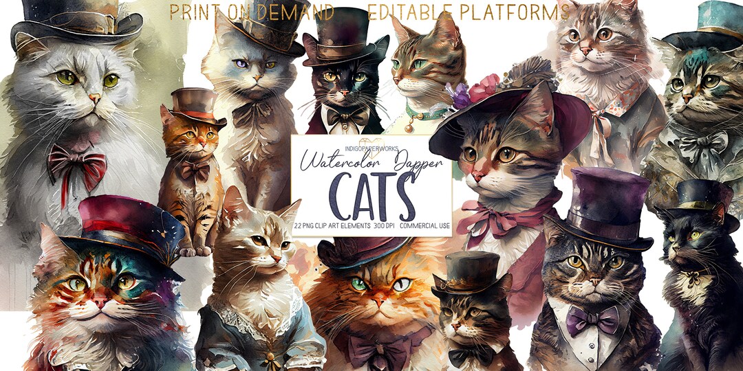 Dapper Cats Clipart- 21 PNG Fancy Cats Wearing Victorian Era Fashion With Cats in Vintage Hats ...
