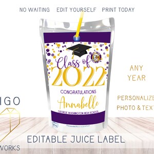 Printable Class of 2023 Graduation Juice Label, Purple & Yellow Modern ...