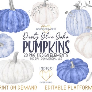 Dusty Blue and White Pumpkin Clipart - 29 Hand Painted Watercolor ...